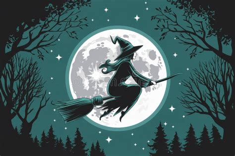 Silhouette Witch Flying Broomstick Full Moon Halloween Witch