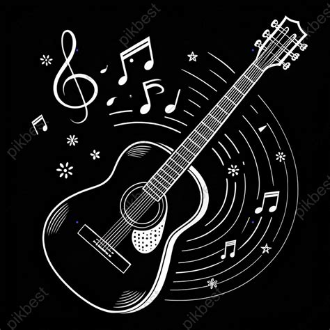 Acoustic Guitar Musical Notes Black And White Line Art Minimalist