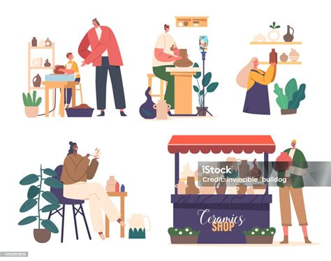 도자기 생산 세트 바퀴 던지기 또는 손 만들기와 같은 도자기 기술을 사용하여 점토를 형성하는 도기 캐릭터 시장 소매점에 대한 스톡 벡터 아트 및 기타 이미지 Istock