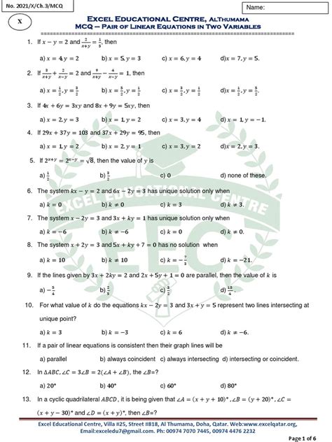 Linear Equations Mcq Pdf Mathematics Mathematical Objects