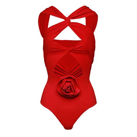 Sexy 3d Rosette Ruched Brazilian Cheeky Cutout Twist V Neck One Piece