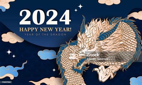 2024年の旧正月の金色の中国の龍の干支の青いバナー 竜のベクターアート素材や画像を多数ご用意 竜 2024年 春節 Istock