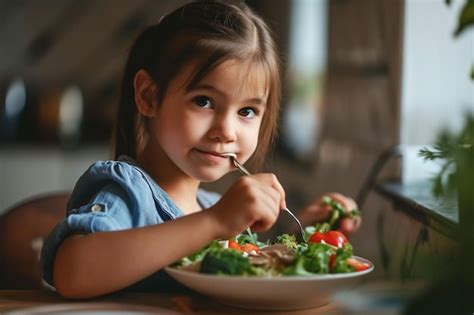 Niña Joven Comiendo Comida Saludable Foto Premium