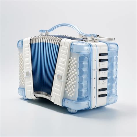 there is a blue and white accordion sitting on a white surface