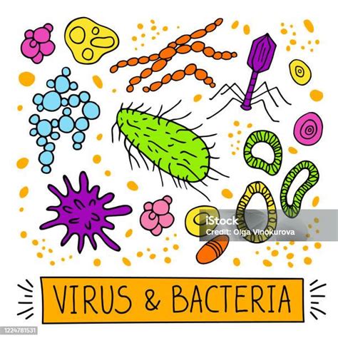 一套向量插圖多色塗鴉細菌 微生物 細菌 病毒細胞與字母為雜誌網站和圖案設計繪製卡通向量圖形及更多一組物體圖片 一組物體 健保和醫療