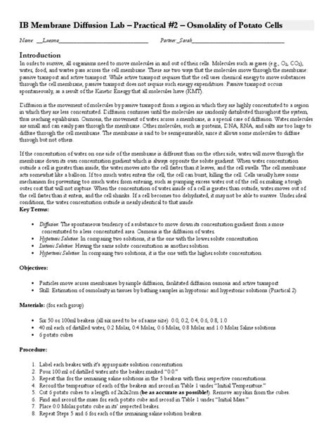 Ib Potato Osmolarity Lab Pdf Osmosis Cell Membrane