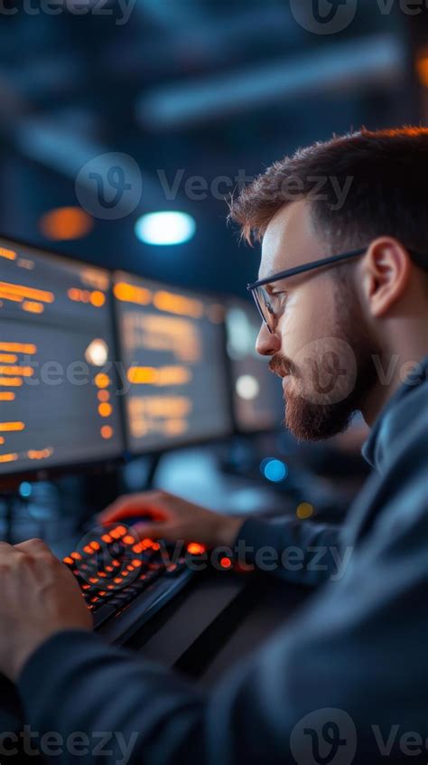 a programmer intensely types on a backlit keyboard while monitoring