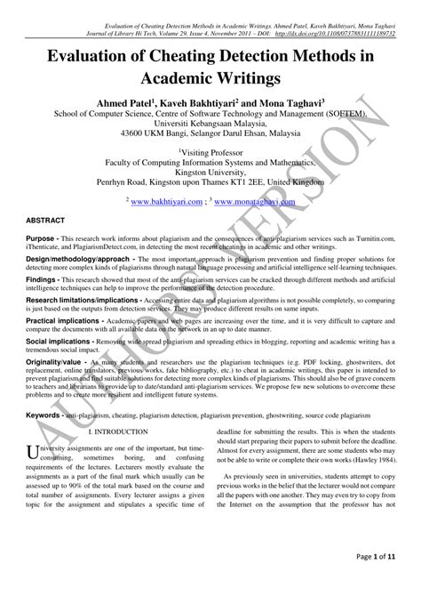 Pdf Evaluation Of Cheating Detection Methods In Academic Writings