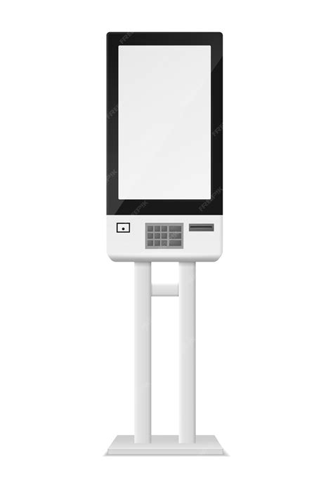 자동 주문 키오스크 및 Atm 금융 거래를 위한 현실적인 현금 디스펜서 3d 흰색 뱅킹 장비 빈 화면이 있는 격리된 자동 캐쉬박스 벡터 디지털 기계가 지불을 수락합니다