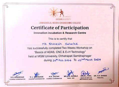 bhavesh salunke on linkedin successfully completed cnc adas and e h technology workshop at mgm…