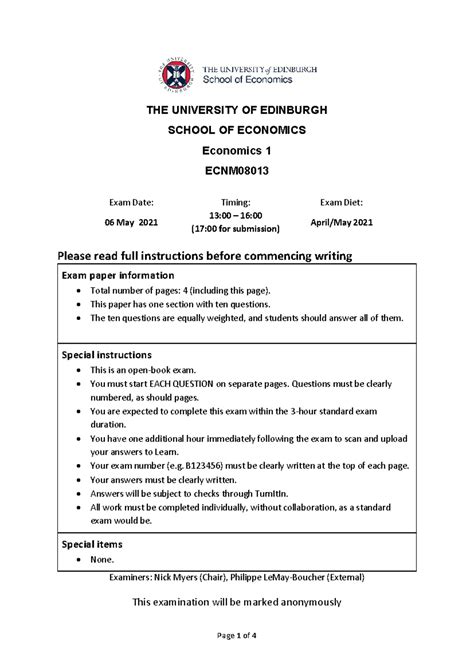 Econ Degree Exam Questions THE UNIVERSITY OF EDINBURGH Babe OF ECONOMICS