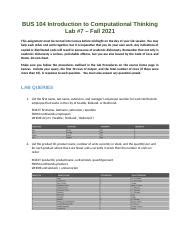 Lab 7 SQL F21 Docx BUS 104 Introduction To Computational Thinking Lab