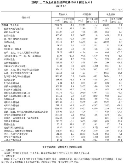 2024年5月规模以上工业主要经济效益指标（按行业分）规模以上工业企业主要经济效益指标（按行业分）上海市统计局
