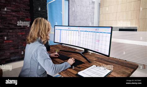 Data Analyst Woman Using Spreadsheet On Computer Stock Photo Alamy