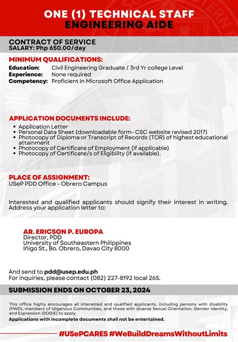 Usep Job Hiring Usep Is In Need Of One 1 Non Teaching Personnel For The Physical Development