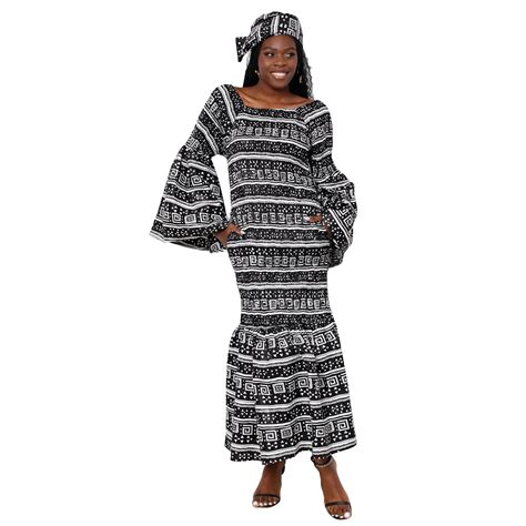 African Shoulder Smocked Mermaid Dress With Scarf African American