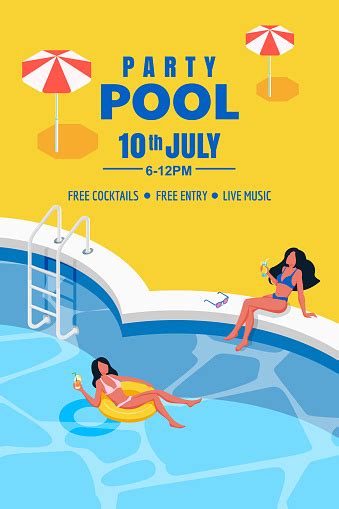 수영장 파티 배너 포스터 초대장 디자인 수영장 옆에서 칵테일을 가진 여성의 벡터 3d 아이소 메트릭 그림 풀사이드에 대한 스톡 벡터 아트 및 기타 이미지 Istock