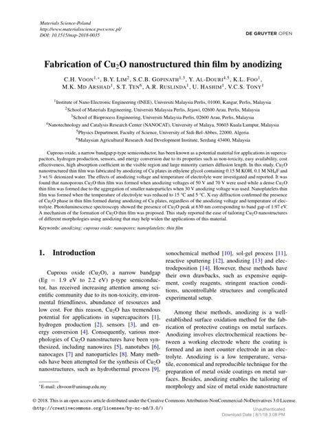 Pdf Fabrication Of Cu2o Nanostructured Thin Film By Anodizing