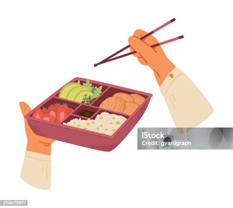손은 도시락 상자를 들고 와 음식 벡터 일러스트 레이 션 와 백색 절연 통하고 있습니다 도시락에서 대나무 막대기로 점심을 먹습니다 간장에 대한 스톡 벡터 아트 및 기타