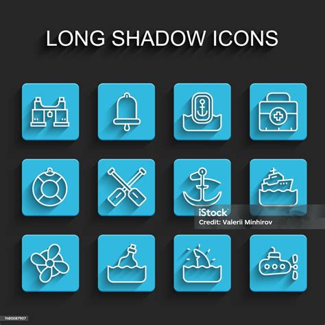 세트 라인 보트 프로펠러 물에 메시지가 있는 병 쌍안경 상어 지느러미 바다 파도 잠수함 패들 유람선 및 앵커 아이콘 벡터 건강관리와 의술에 대한 스톡 벡터 아트 및 기타