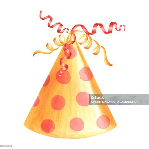 파티 모자 옐로우 리본 물방울 무늬 수채화 손으로 그린 그림입니다 생일과 아이 당 훈장을 위한 템플렛 축제 부속품 카드 초대장 인쇄 스티커에 대한 격리된 클립아트입니다 0