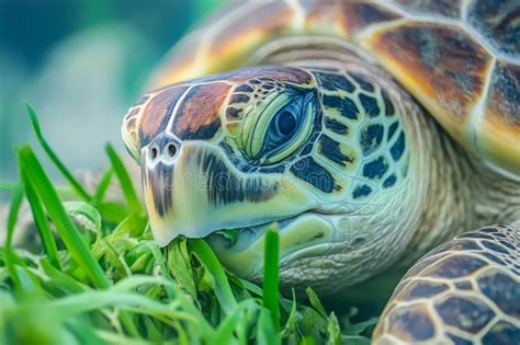 Sea Turtle Eating Green Grass Close Up A Close Up Of A Sea Turtle