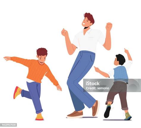 아빠와 어린이 캐릭터는 여가 시간 여가 함께 기뻐합니다 행복한 가족은 홈 파티를 축하합니다 자녀를 둔 부모 파티에 대한 스톡