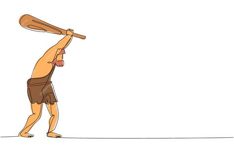 Desenho De Linha Contínua única Homem Das Cavernas Segurando E