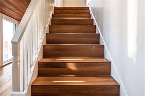 Close Up View Of The First Three Steps Of A Modern Wooden St By