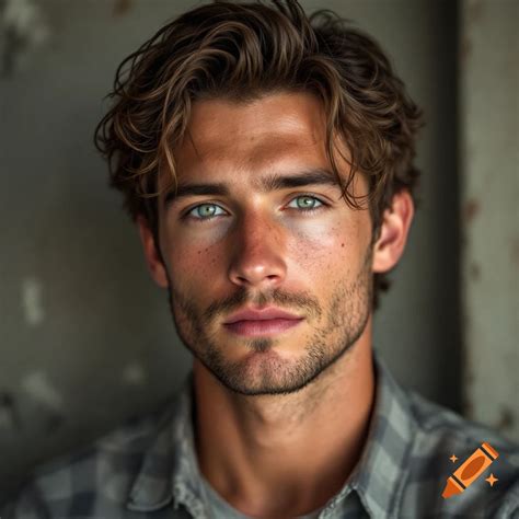 Close Up Portrait Of A Man With Green Eyes And Wavy Brown Hair Wearing