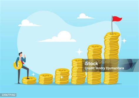 돈 동전을 들고 다니는 사업가가 복합 돈 스택에 발을 내딛습니다 개발에 대한 스톡 벡터 아트 및 기타 이미지 개발 결정 경제 Istock