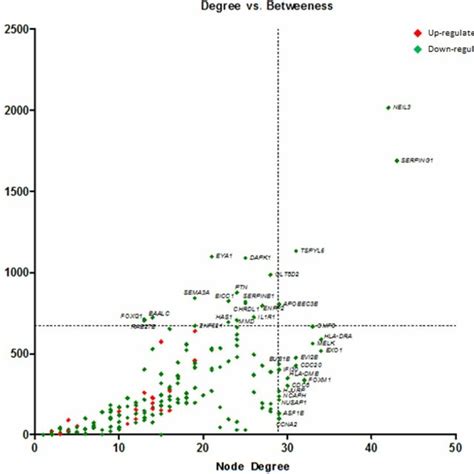 Scatter Plot With Degree And Betweenness Values For All Nodes Of Gene