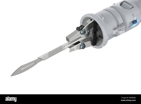 3d Rendering Robot Hand Holding Scalpel Or Surgery Knife Isolated On