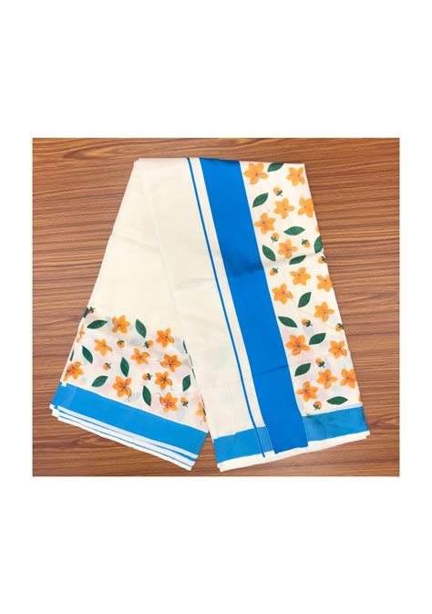 20 Kaitharikada Kerala Saree Cotton Printed 4 Inch Sky Blue Boder Z