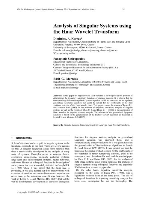 Pdf Analysis Of Singular Systems Using The Haar Wavelet Transform