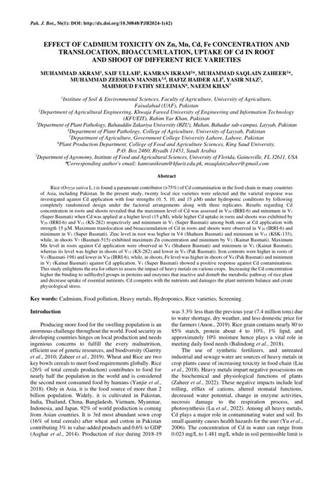 PDF Effect Of Cadmium Toxicity On Zn Mn Cd Fe Concentration And