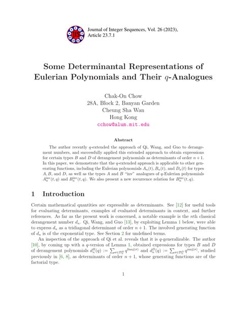 Pdf Some Determinantal Representations Of Eulerian Polynomials And