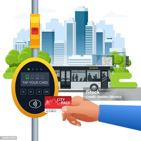 종이 스마트 카드 티켓을 사용하여 결제 키오스크 스탠드에서 운송 비를 지불하십시오 여행자를위한 전자 티켓 종이 노란색 유효성 검사기 검증에 대한 스톡 벡터 아트 및 기타