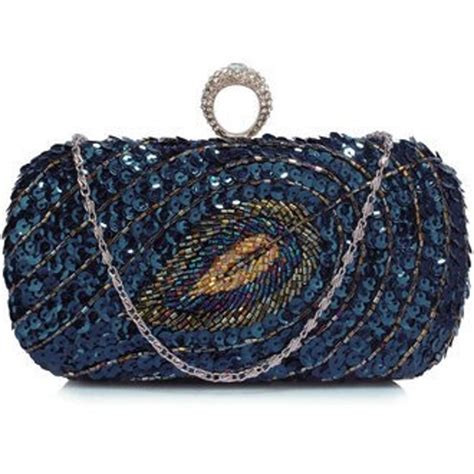 Navy Sequin Peacock Feather Design Clutch Evening Bag To Have And To Hold