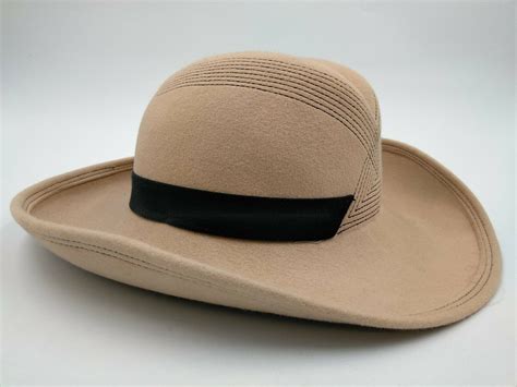 Vintage Anita Pineault Wool Bowler Hat Beige Band Gem