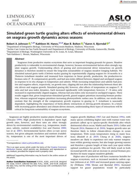 Pdf Simulated Green Turtle Grazing Alters Effects Of Environmental Drivers On Seagrass Growth