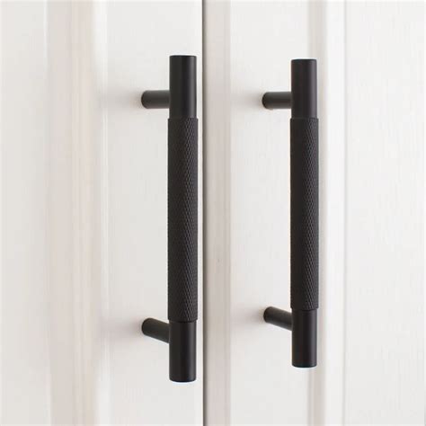 Long Black Knurled T Bar Handle Solid Brass Knob And Pull White Gold