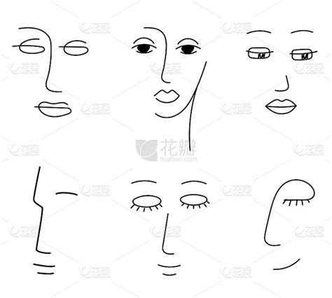 手绘的一组各种抽象的女性面孔。简单的、程式化的肖像。现代抽象线条简约的女性面孔。水墨画的风格。在白色