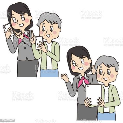 스마트폰과 태블릿을 운영하는 법을 배우는 한 선배와 제복을 입은 모바일 상점 점원에서 한 여성 60 69세에 대한 스톡 벡터