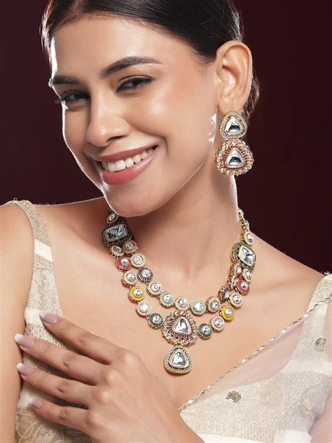 Rubans 22k Gold Plated High Quality Polki And Multicolor Cubic Zirconia