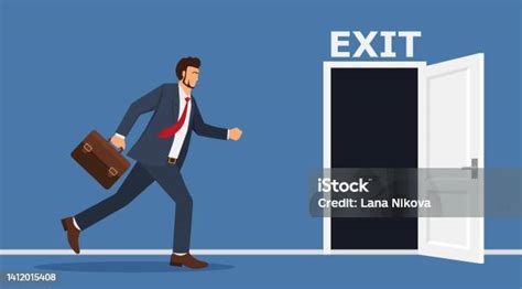 일상적인 일을 그만두고 사업 막 다른 골목이 성공하거나 업무 어려움 개념에서 빠져 나오기 위해 길을 떠나거나 탈출하고 사인 출구가있는 비상 사태로 서둘러 달려가는 정장을