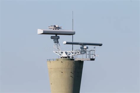 Coastal Surveillance Radar System Two Marine Radars On Tower Stock