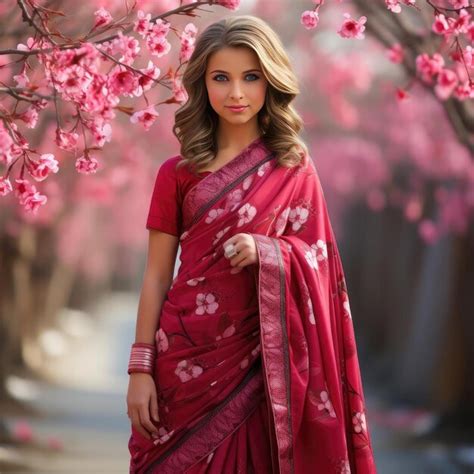 Premium Ai Image Beautiful Girl In Red Sari Posing With Cherry Blossoms