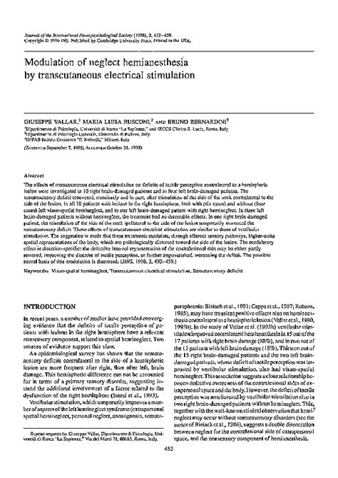 Pdf Modulation Of Neglect Hemianesthesia By Transcutaneous Electrical