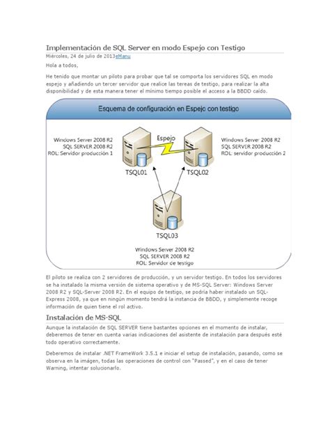 implementación de sql server en modo espejo con testigo pdf